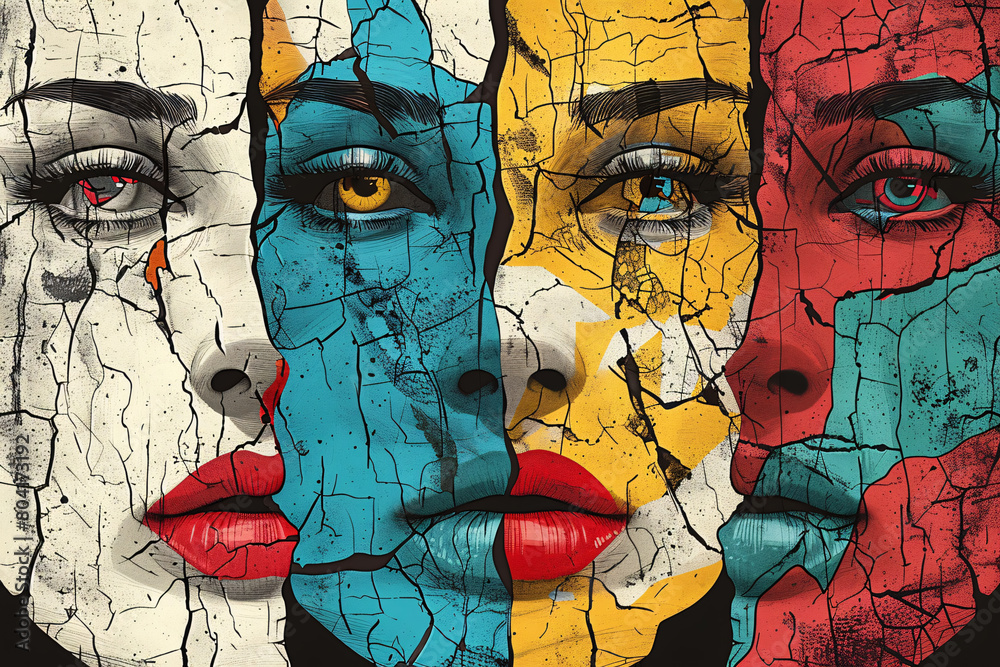 Dissociative personality disorder concept, illustration of a face ...