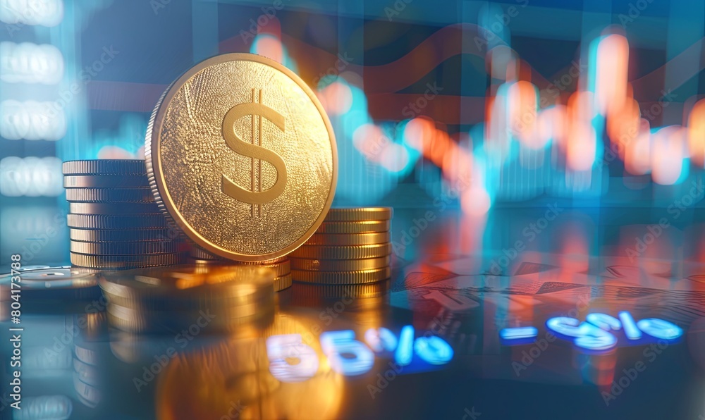 Digital gold coins with wrapper and proportion symbol on blurred ...