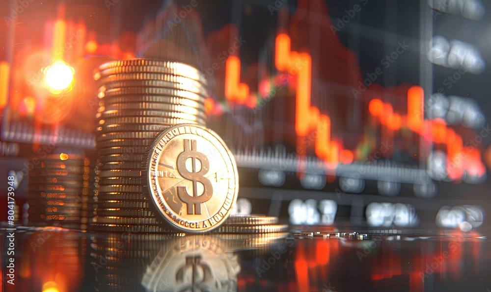 Digital gold coins with wrapper and proportion symbol on blurred ...