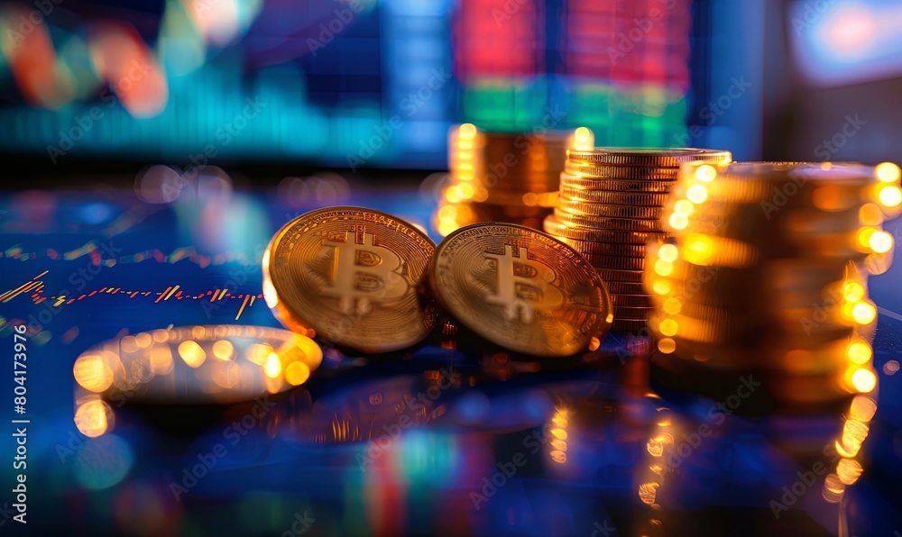 Digital gold coins with wrapper and proportion symbol on blurred ...