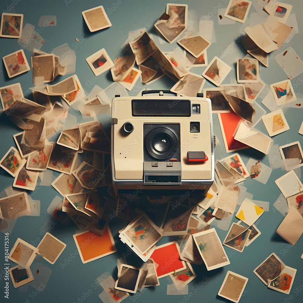 Vintage polaroid camera with instant photos scattered around Stock ...