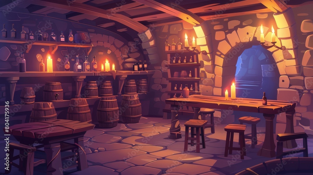 Cartoon illustration of a medieval tavern in a castle dungeon filled ...