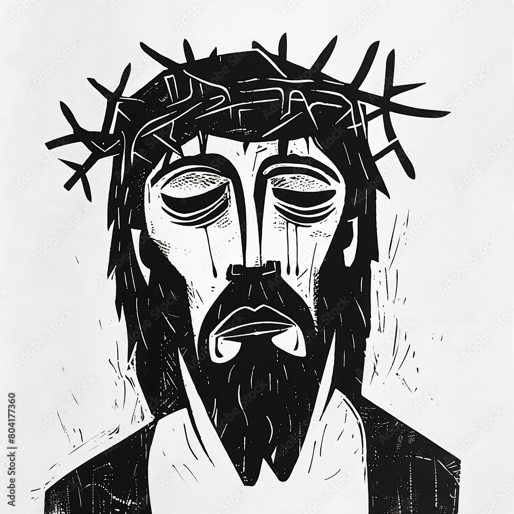 Abstract artistic portrait of Jesus with thorn crown linocut print ...