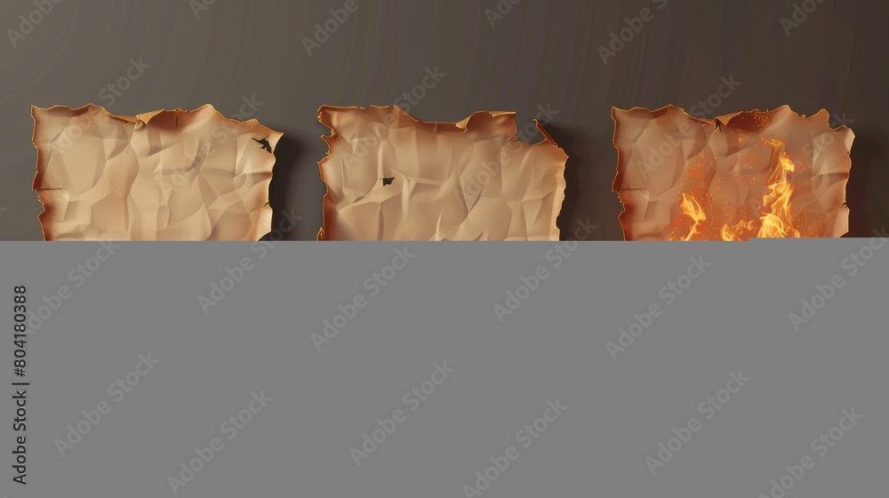 Realistic 3D modern set with burnt square paper sheets and burnt sticky ...