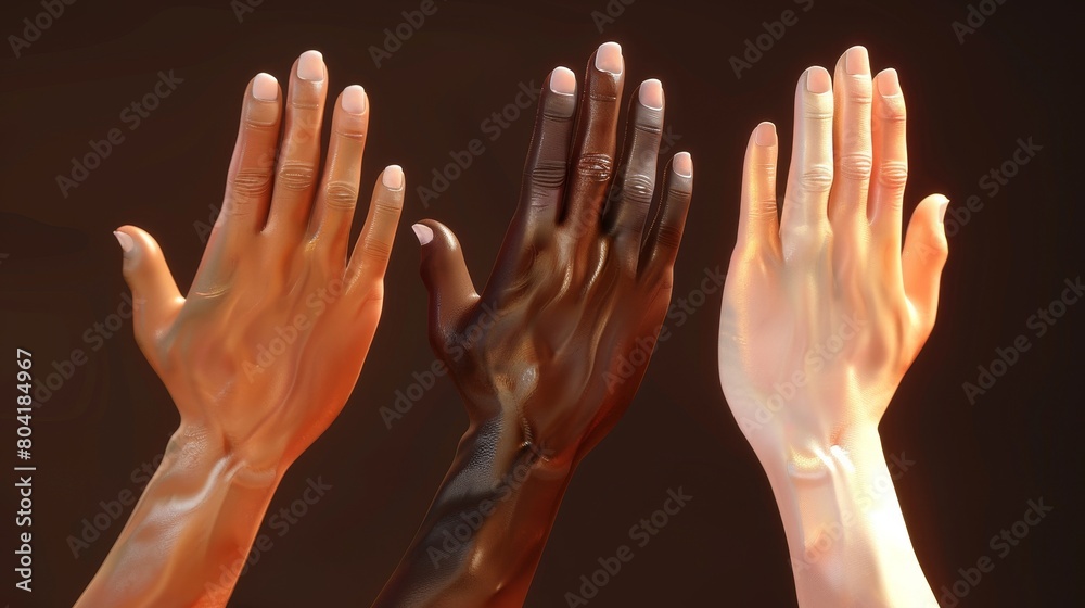 Multi-racial high five gesture in 3d. Teamwork, international ...
