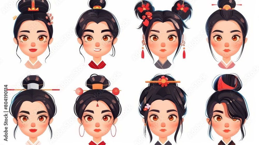 The face of an Asian woman is constructed of different hairstyles, eyes ...