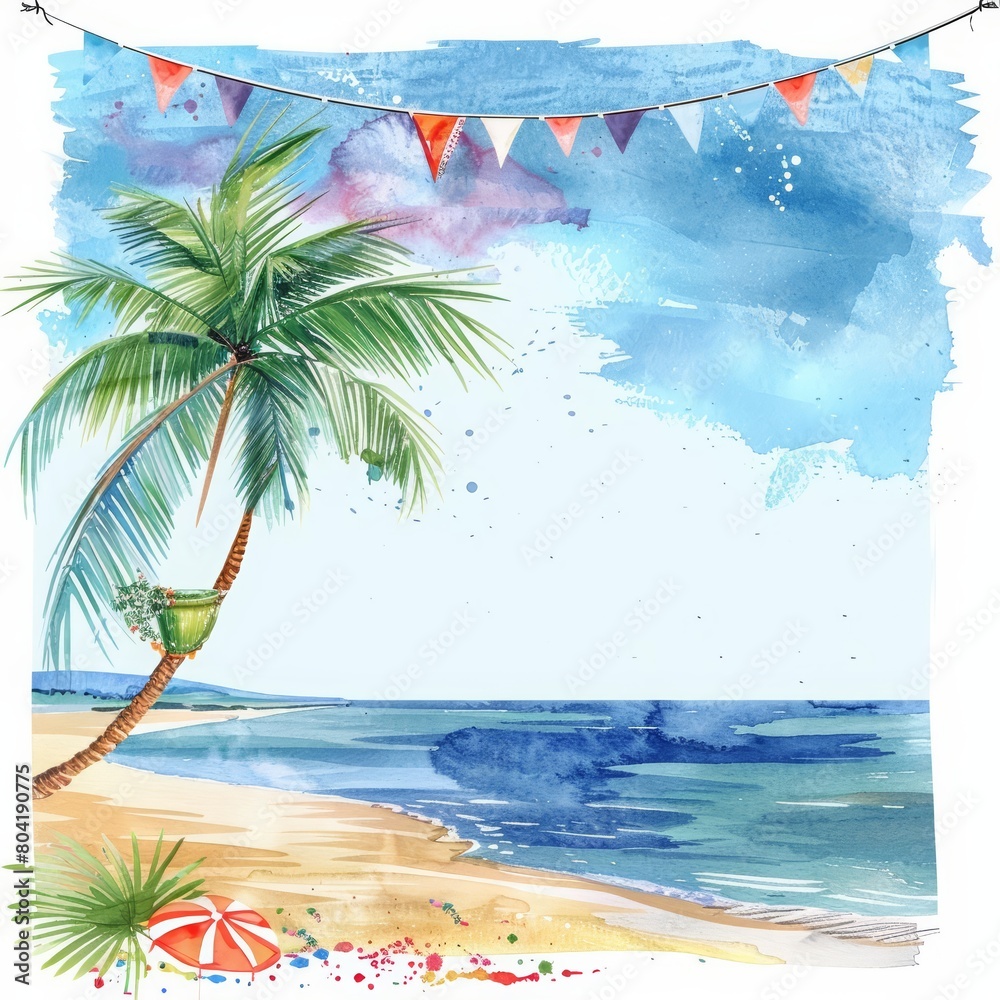 The banner greeting card template, featuring a tropical themed beach ...