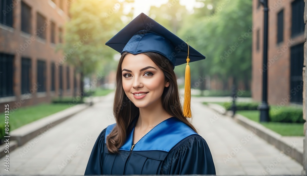 brunette graduate student girl portrait wearing graduation hat and gown ...