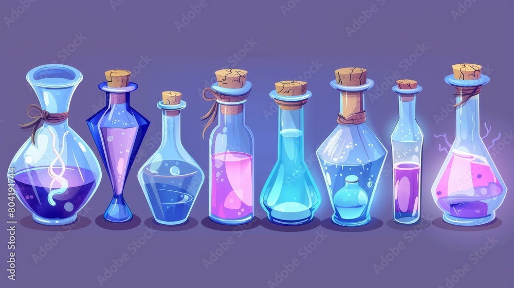 An empty glass bottle, jar with a cork, for storing magic potions ...