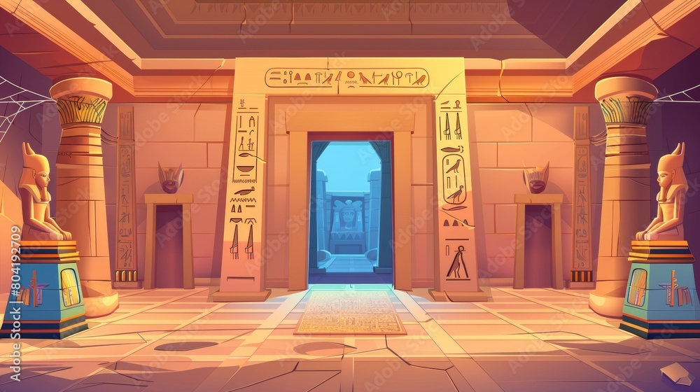 Ancient Egyptian pyramid treasure-trove interior with open door. Modern ...