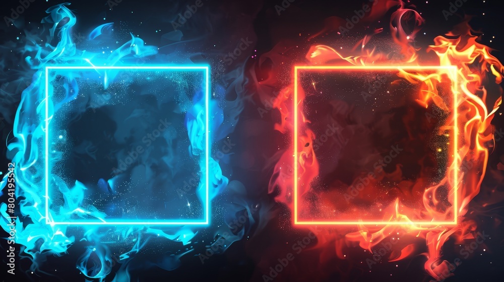 Blue fire frame isolated on transparent background. Realistic modern ...