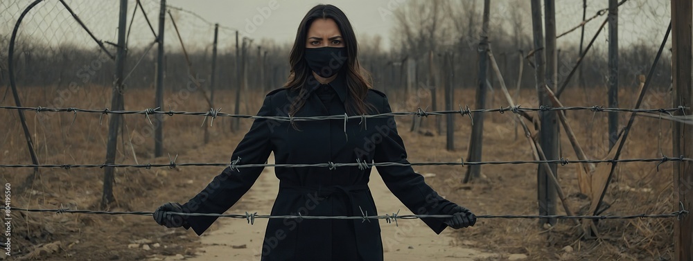 Standing against oppression concept with masked woman grabbing barbwire ...