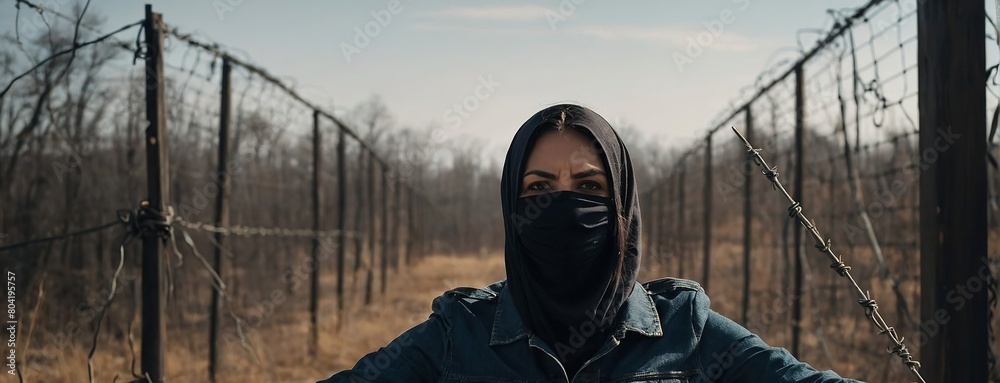 Standing against oppression concept with masked woman grabbing barbwire ...