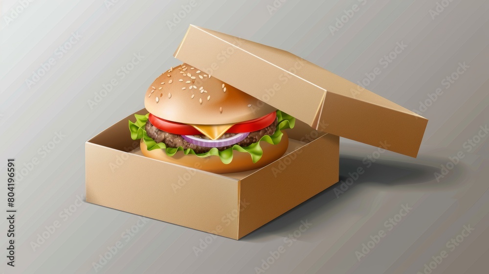 The brown cardboard burger box is a realistic modern illustration. The ...