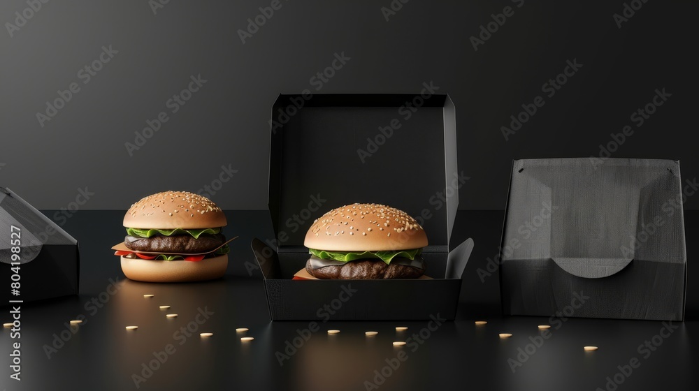 The mockup shows an isolated realistic black burger box. Modern 3d ...