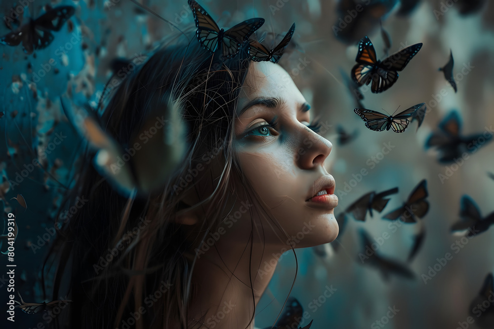 A stunning woman is surrounded by a flurry of butterflies, symbolizing ...
