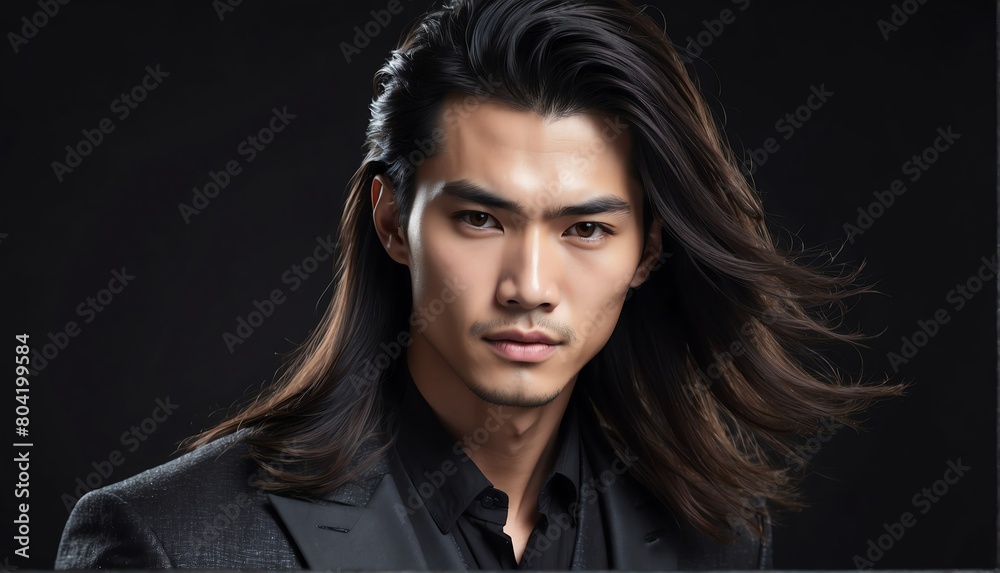 handsome asian male fashion model with flowing long hair close-up ...