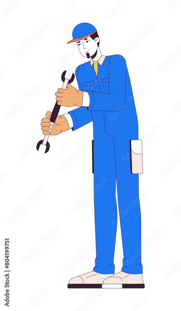 Caucasian worker with wrench 2D linear cartoon character. Professional ...