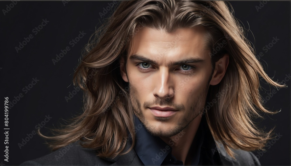 handsome australian male fashion model with flowing long hair close-up ...
