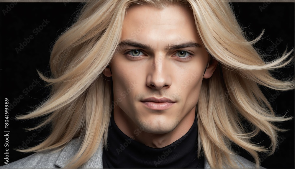 handsome blonde male fashion model with flowing long hair close-up ...