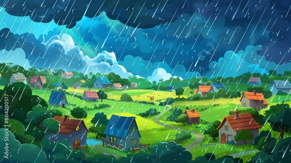 Cartoon rain weather modern background. Dark blue sky, village scene ...