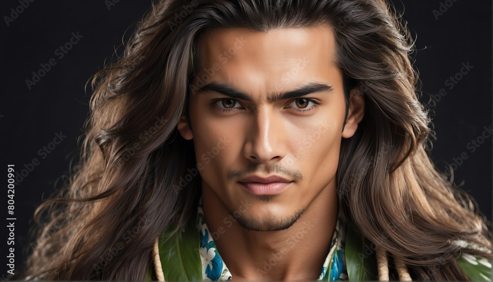 Foto de handsome hawaiian male fashion model with flowing long hair ...