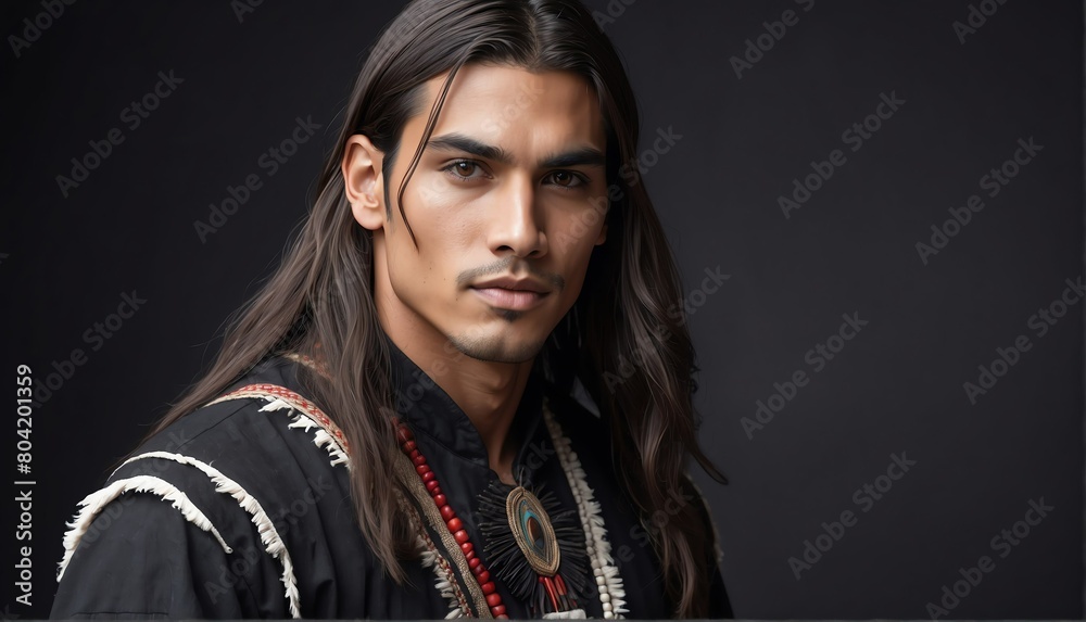 handsome indigenous male fashion model with flowing long hair close-up ...