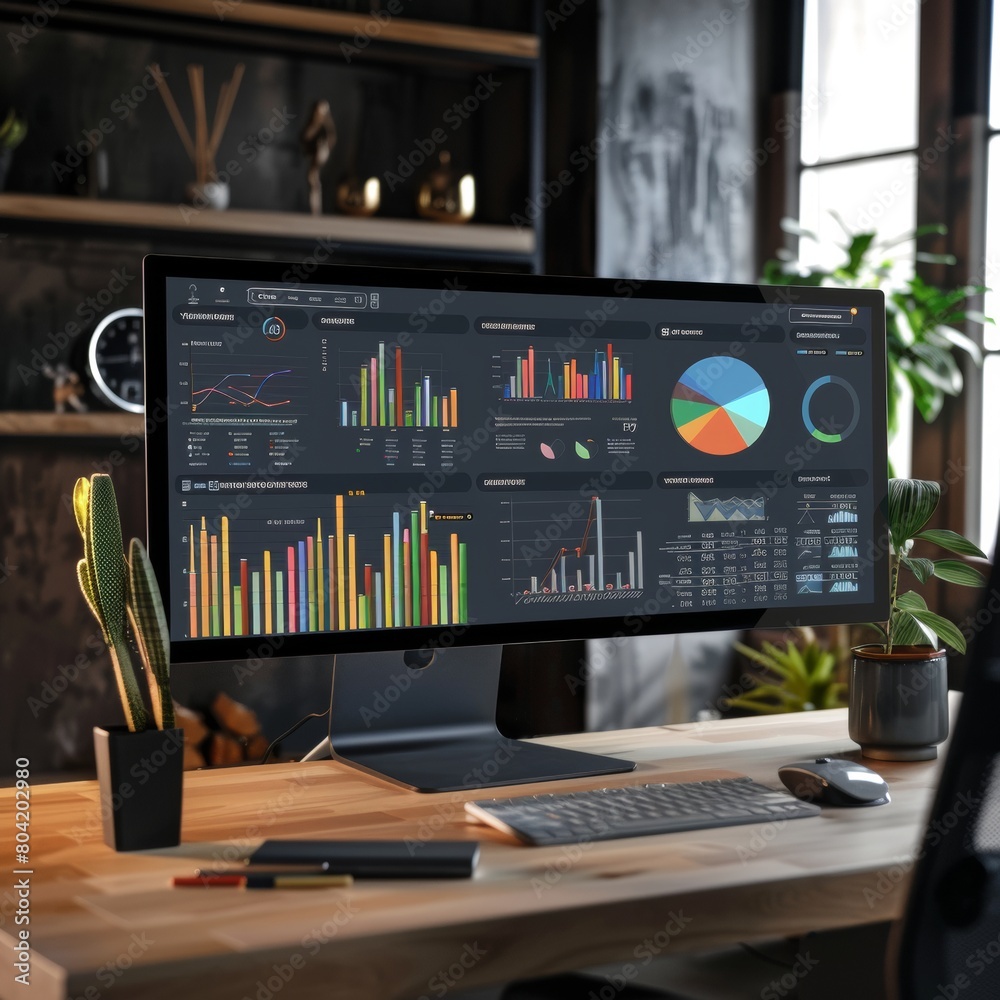 A digital workspace with a monitor displaying diverse analytics ...