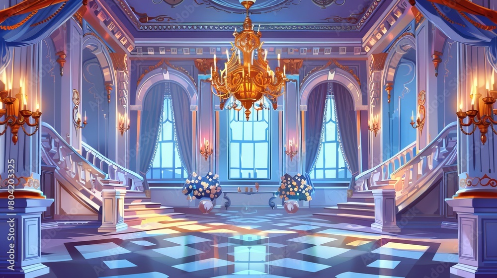 Interior of a castle ballroom with columns, stairs, windows with ...