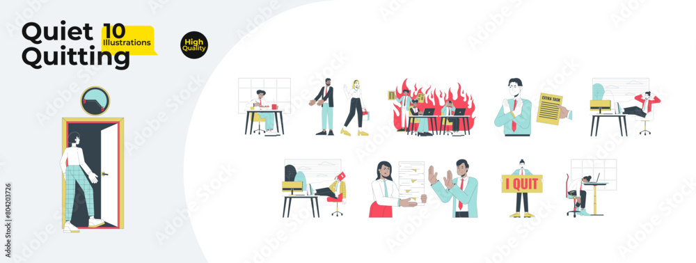 Quiet quitting line cartoon flat illustration bundle. Diverse gen z ...