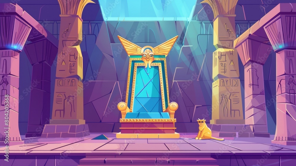 Inside the pyramid, an ancient egyptian pharaoh throne rests with a cat ...