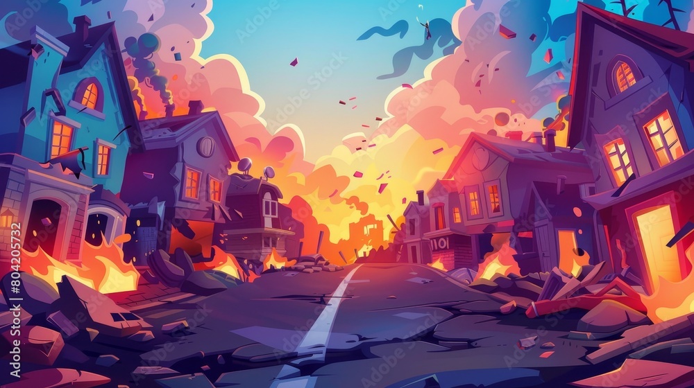 Cartoon illustration of apocalypse city road with fire building. War on ...
