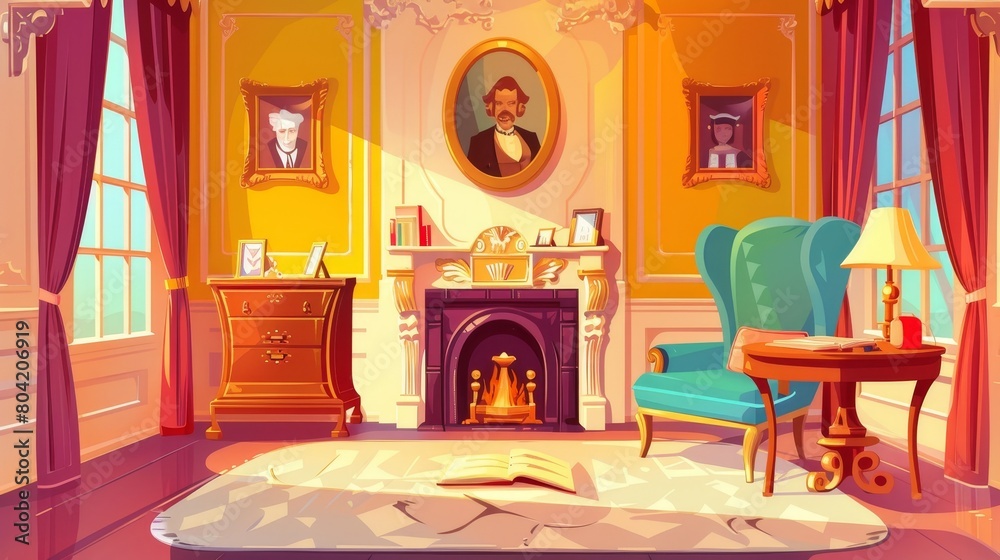 Illustration of a luxury house with victorian style armchairs and ...