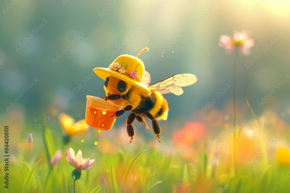 Whimsical illustration of a honeybee with a hat collecting nectar in a ...