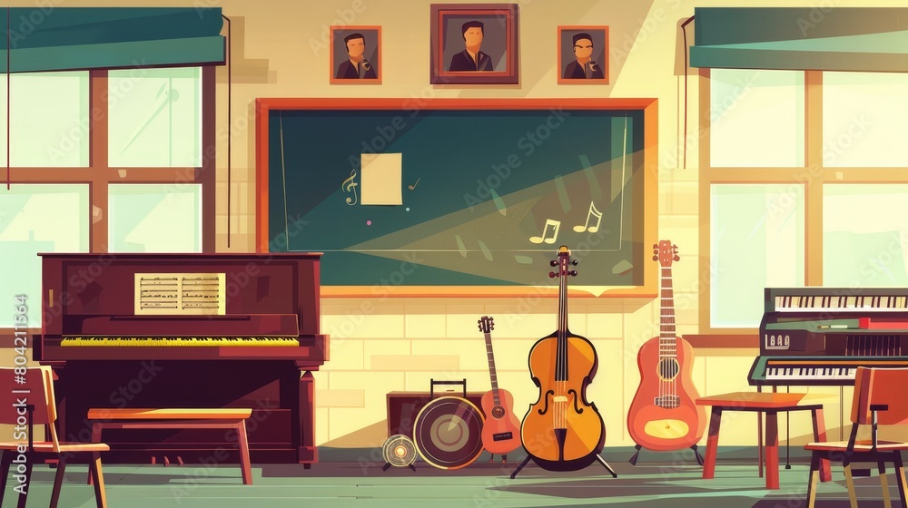 Music classroom interior with vintage piano, guitar, violin, tape ...