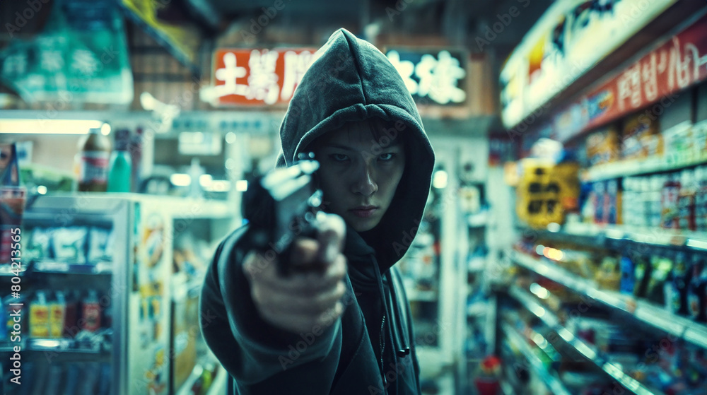 Store robbery. A male robber is holding a gun pointed at the camera ...