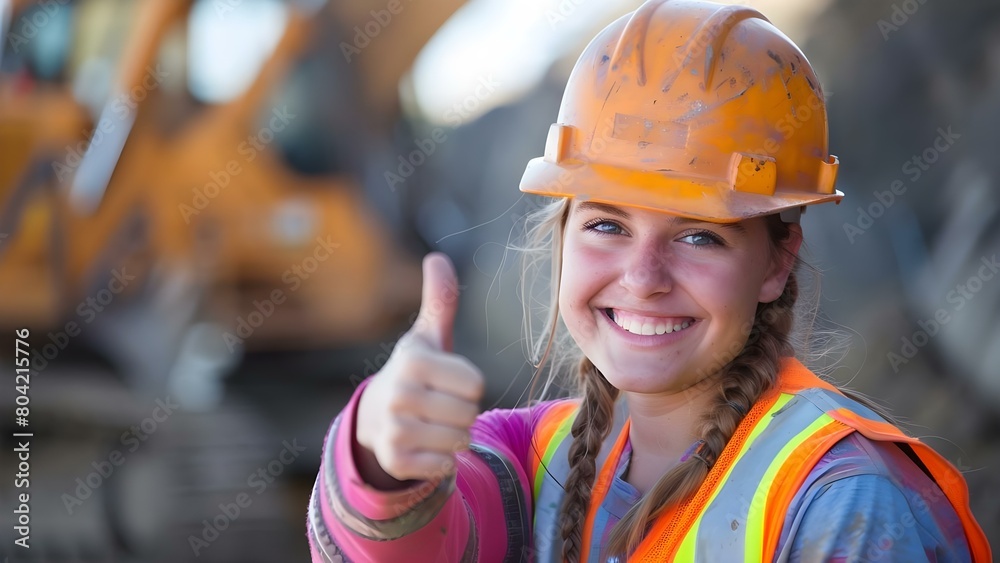 Excited female construction worker giving thumbs up on first day at job ...