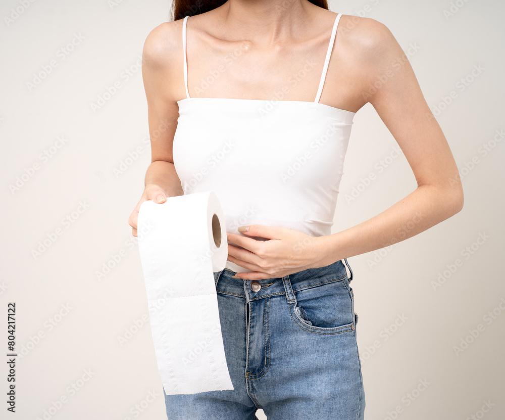 Beautiful young asian woman holding tissue paper go to toilet. Charming ...
