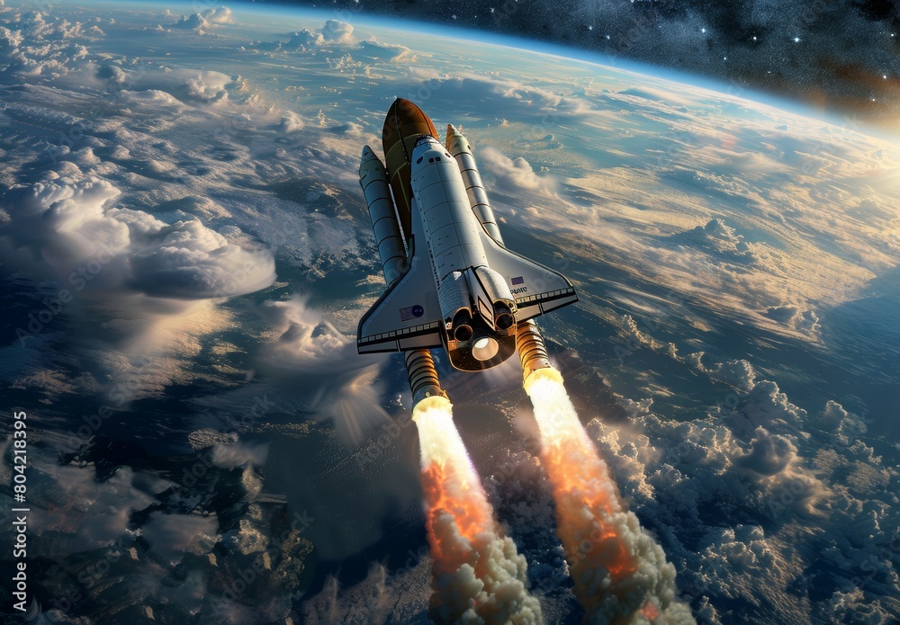 Spaceship orbits Earth, surrounded by clouds, with a shuttle rocket in ...