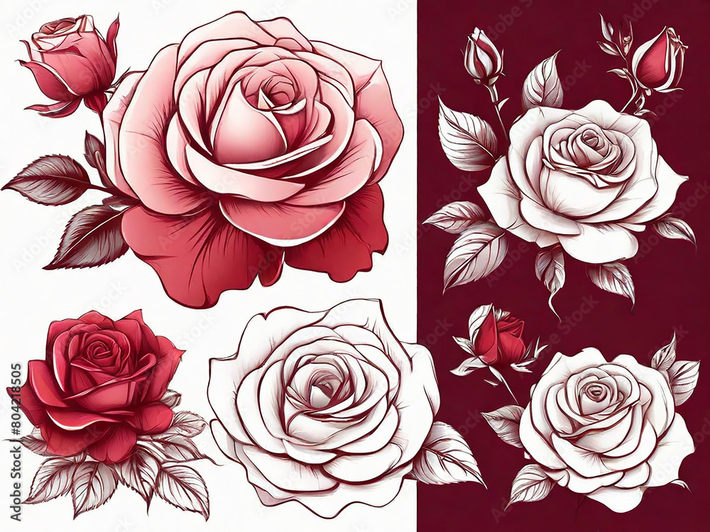 Rose vector set by hand drawing Beautiful flower on white background ...