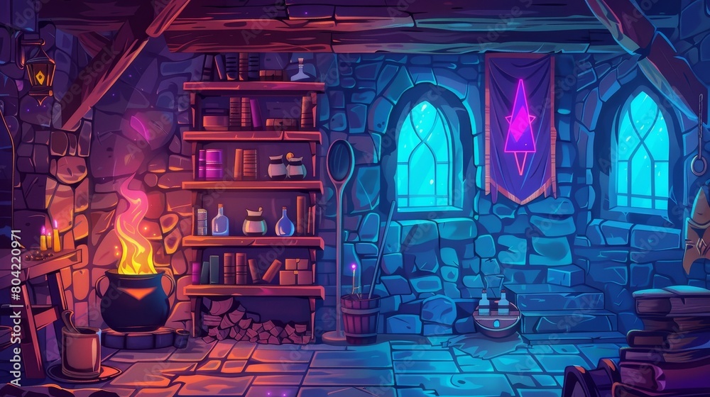 Modern cartoon illustration of a medieval dungeon room with cauldron in ...