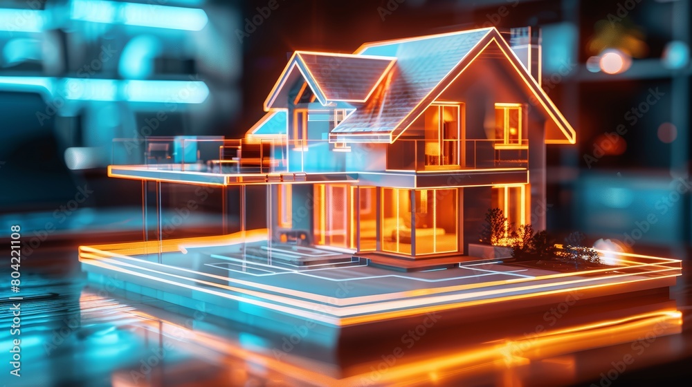 Detailed holographic display of a 3D home model in a close-up shot ...