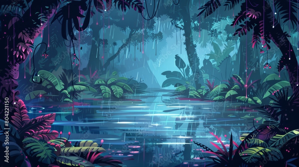 Water pond or lake in spooky woodland landscape illustration. Great ...