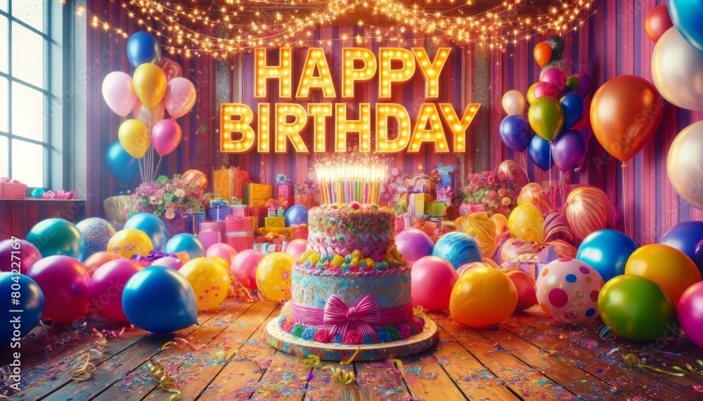 Radiant birthday setting with a multi-tiered cake, colorful balloons ...