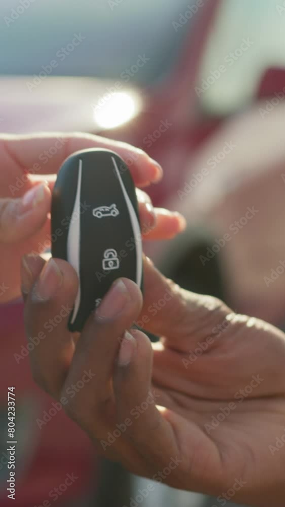 Vertical Screen: Close up of female seller presenting keys from red ...