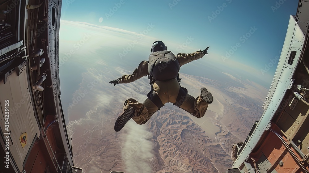 Skydiving: As the plane door opens, skydivers leap into the vast sky ...