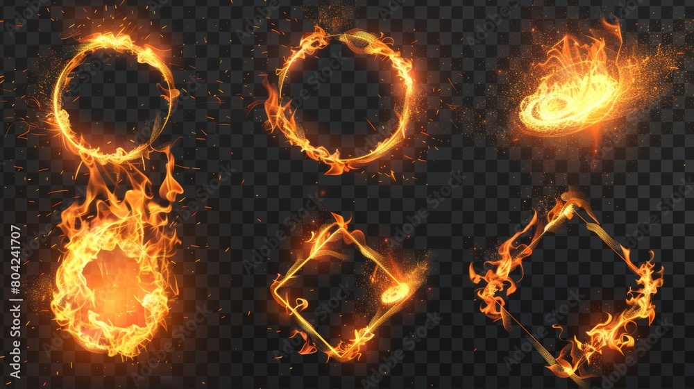 Modern illustration showing flames burning around orange circles and ...