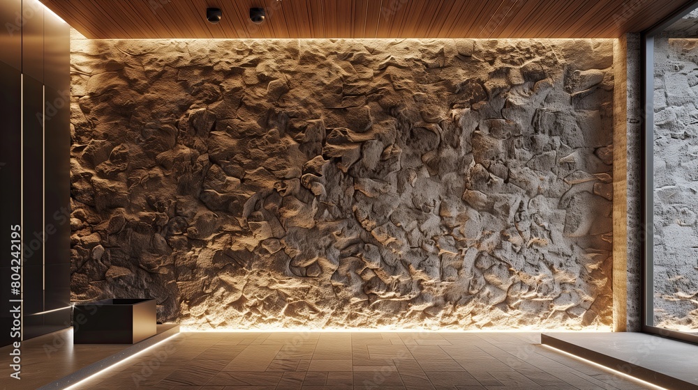 A minimalist entry with a textured stone wall and a recessed floor ...