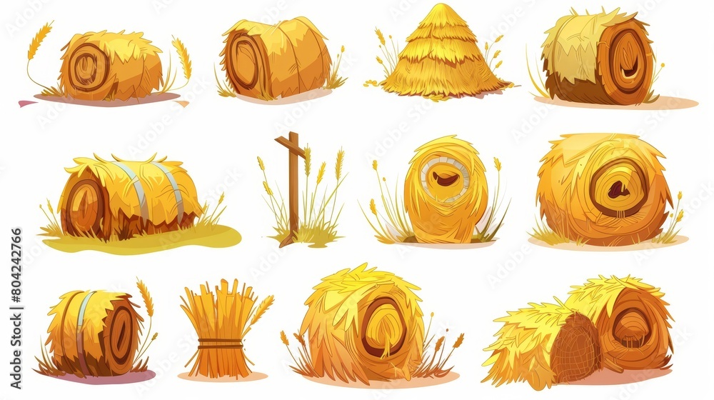 Cartoon illustration set of hay stacks and rolls for farm designs. Lots ...