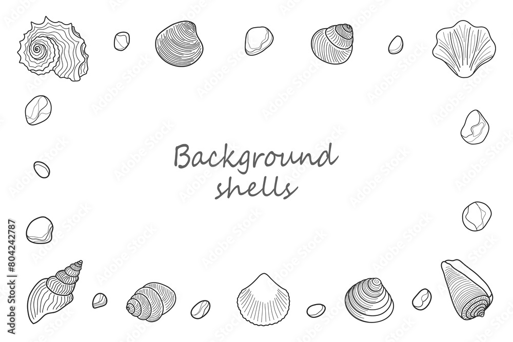 Rectangular frame and background, outline of shells and pebbles. Stock ...